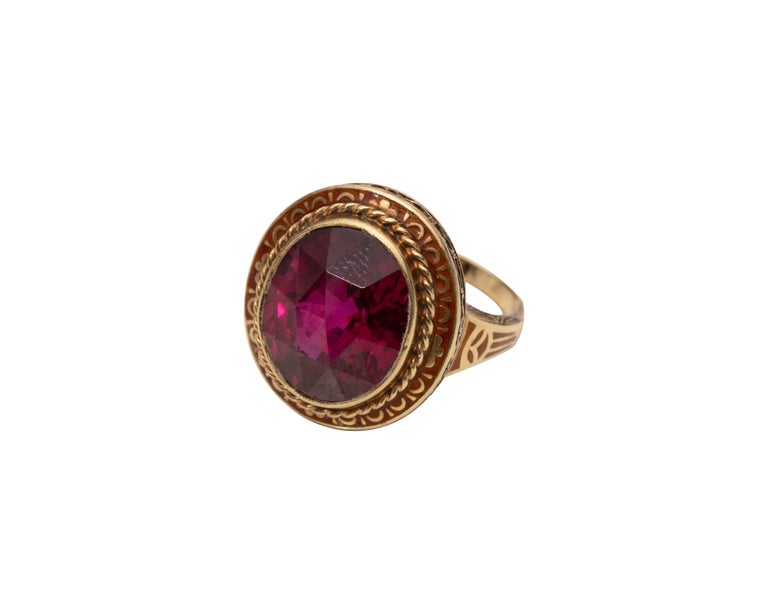 Retro Ruby Yellow Gold Ring Detailed Enamel Inlay with Etched Gallery ...