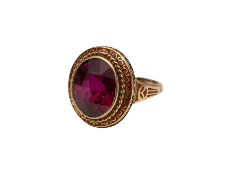 Retro Ruby Yellow Gold Ring Detailed Enamel Inlay with Etched Gallery ...