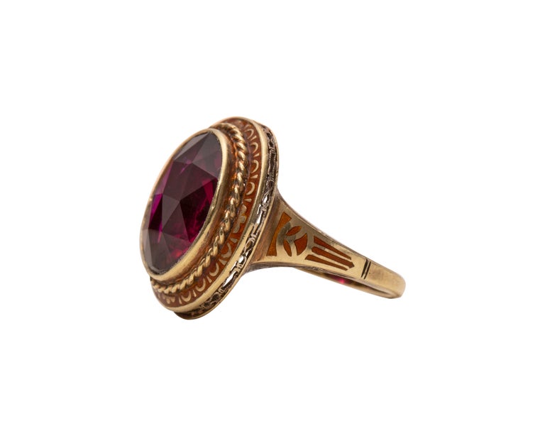 Retro Ruby Yellow Gold Ring Detailed Enamel Inlay with Etched Gallery ...