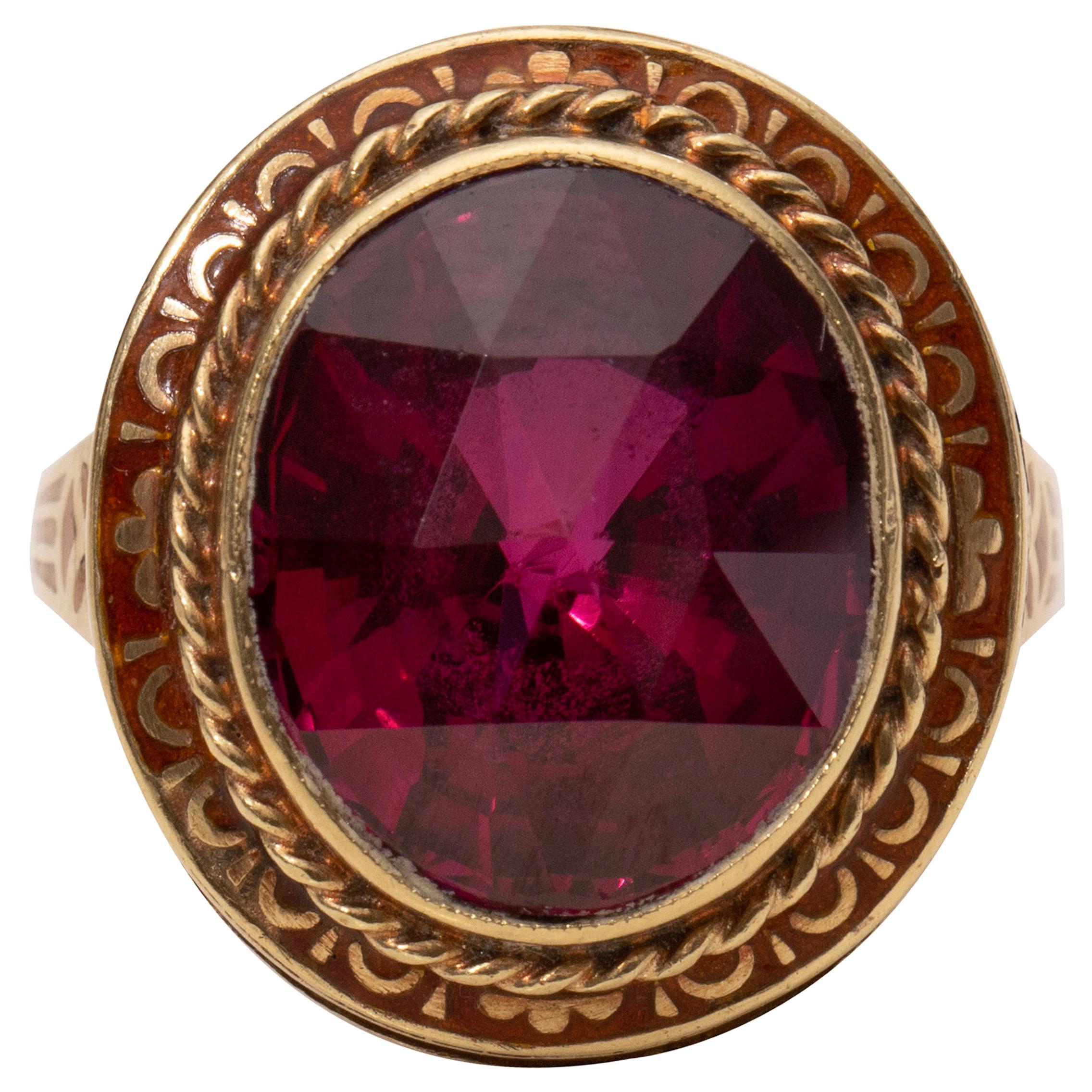 Retro Ruby Yellow Gold Ring Detailed Enamel Inlay with Etched Gallery ...