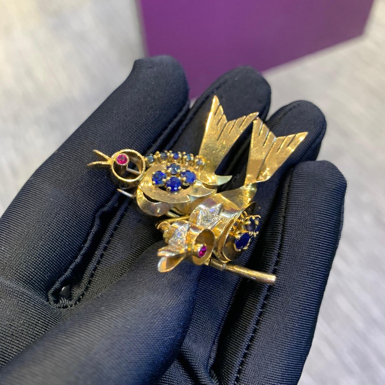 Retro Sapphire Love Birds Brooch For Sale at 1stDibs