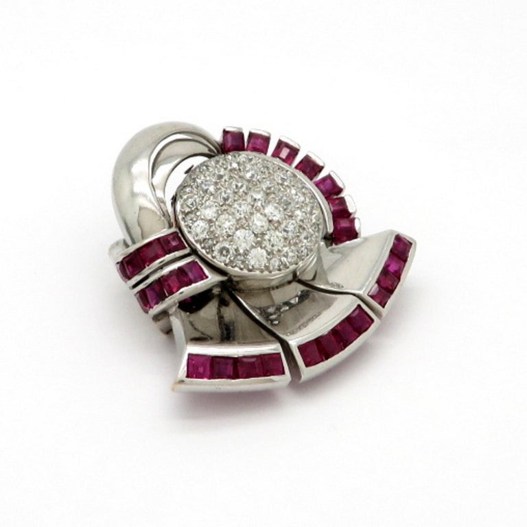 Retro Style Estate 14 Karat White Gold Ruby and Pave Diamond Brooch For ...