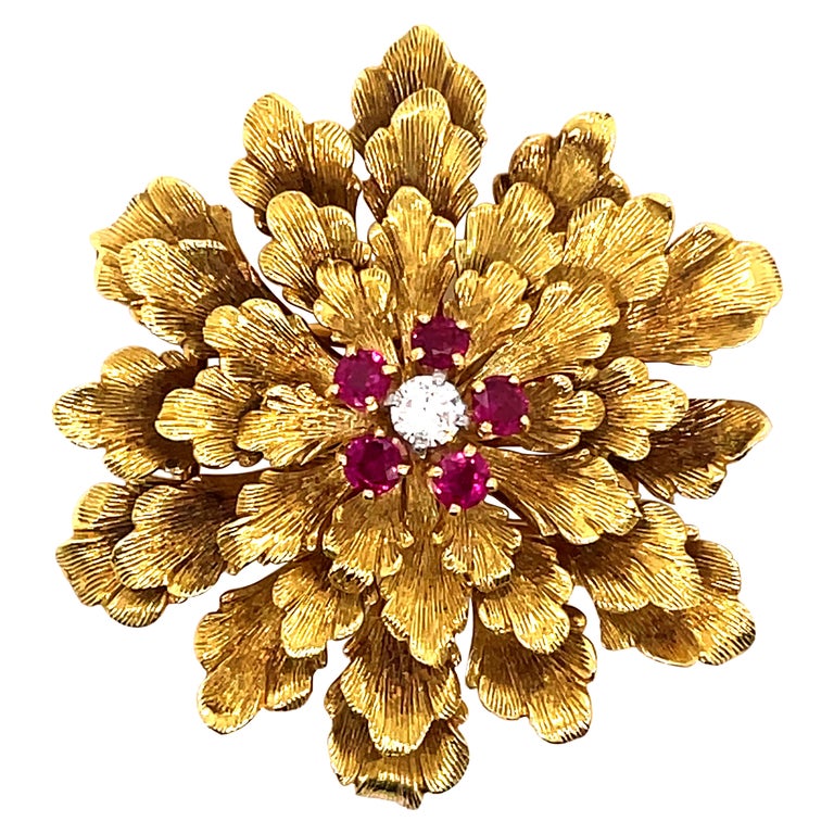 Retro Style Ruby and Diamond Leaf Brooch 18k Yellow Gold at 1stDibs
