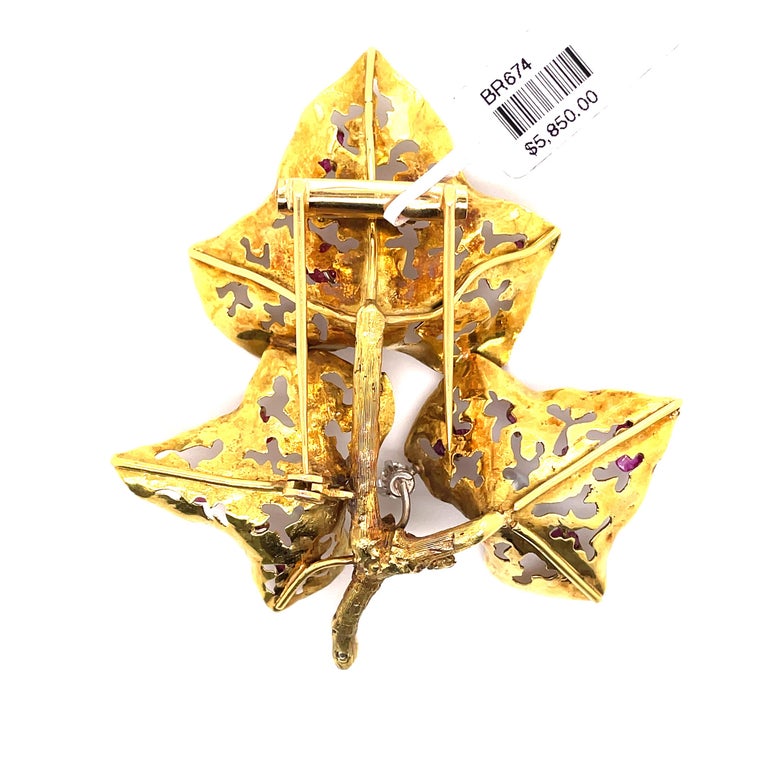 Retro Style Ruby, Diamond, and Pearl Leaf Brooch Yellow Gold For Sale ...