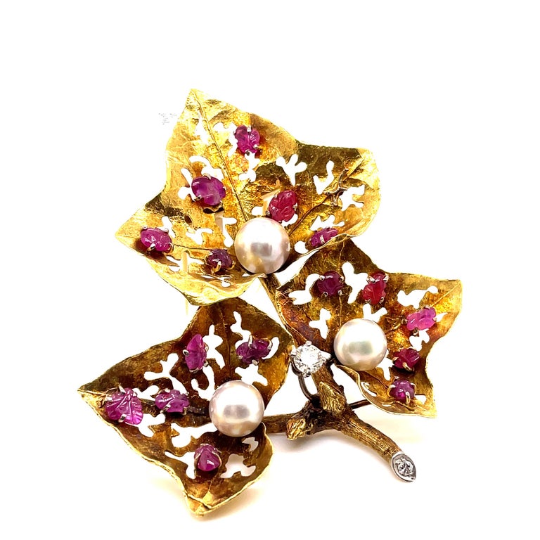 Retro Style Ruby, Diamond, and Pearl Leaf Brooch Yellow Gold For Sale ...