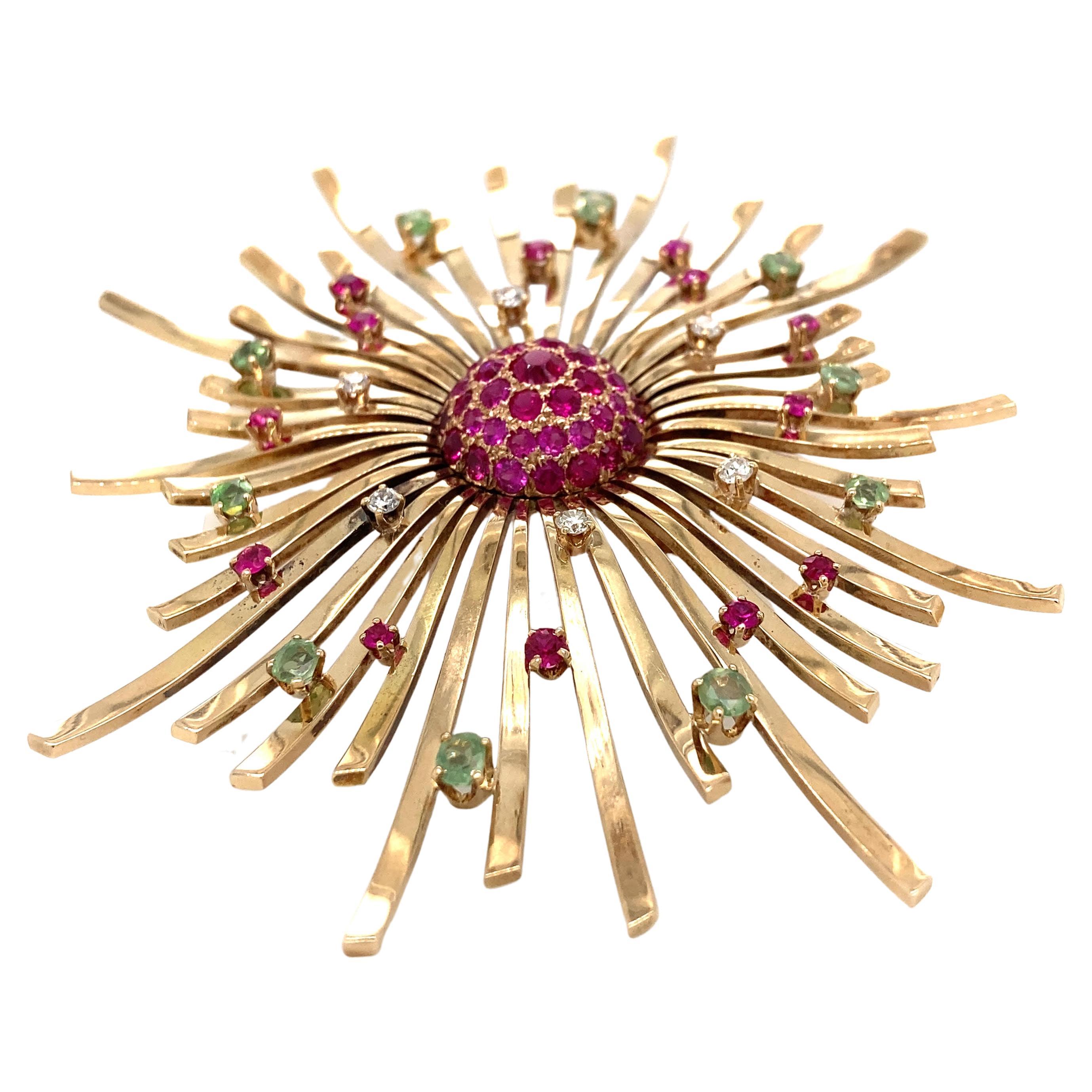 French Retro Diamond and Ruby Brooch For Sale at 1stDibs