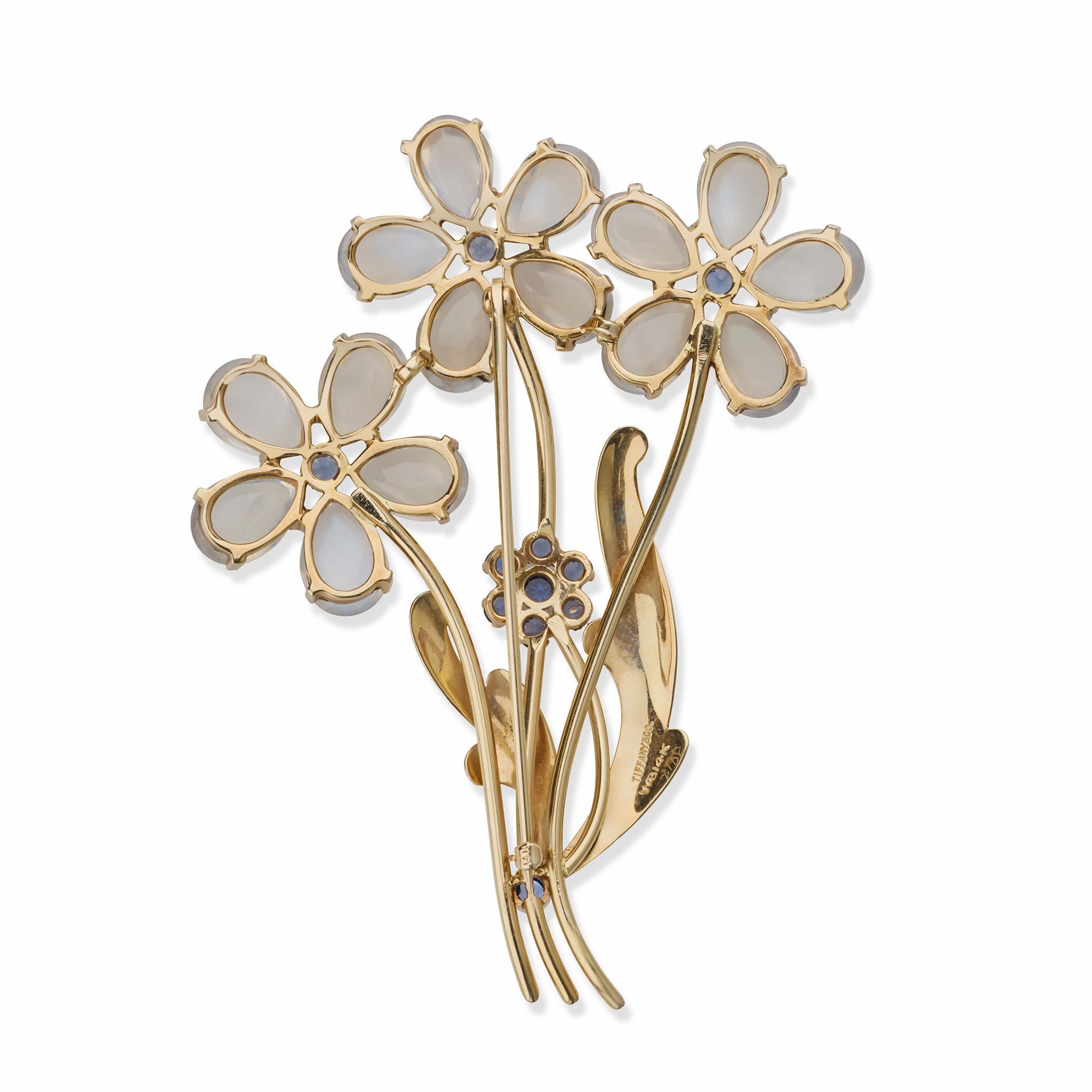 Retro Tiffany and Co. Moonstone and Sapphire Flower Brooch For Sale at ...