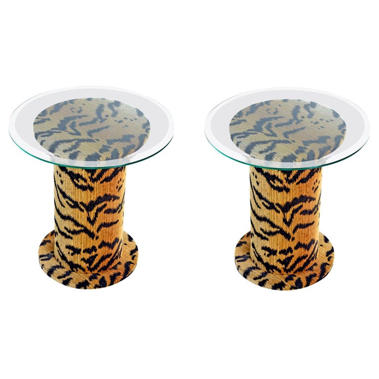 Retro Tiger Fabric Pedestal Glass Top Side Tables For Sale at 1stdibs