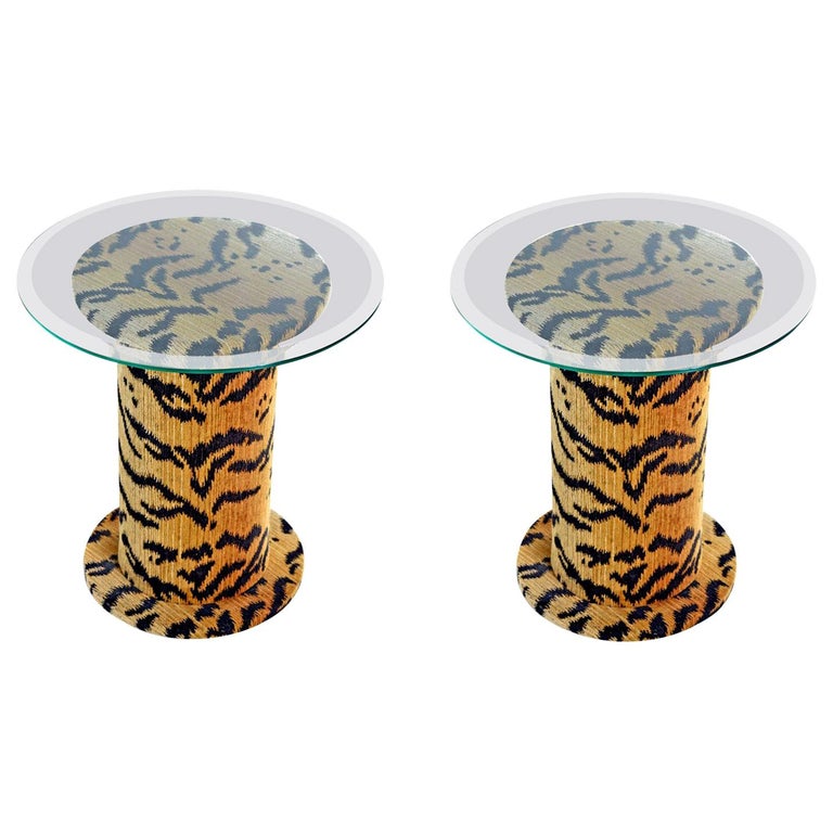 Retro Tiger Fabric Pedestal Glass Top Side Tables at 1stDibs