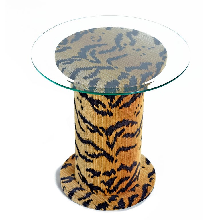 Retro Tiger Fabric Pedestal Glass Top Side Tables at 1stDibs