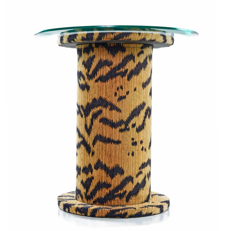 Retro Tiger Fabric Pedestal Glass Top Side Tables at 1stDibs