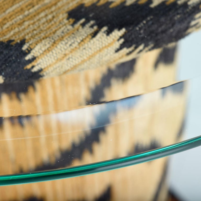 Retro Tiger Fabric Pedestal Glass Top Side Tables at 1stDibs