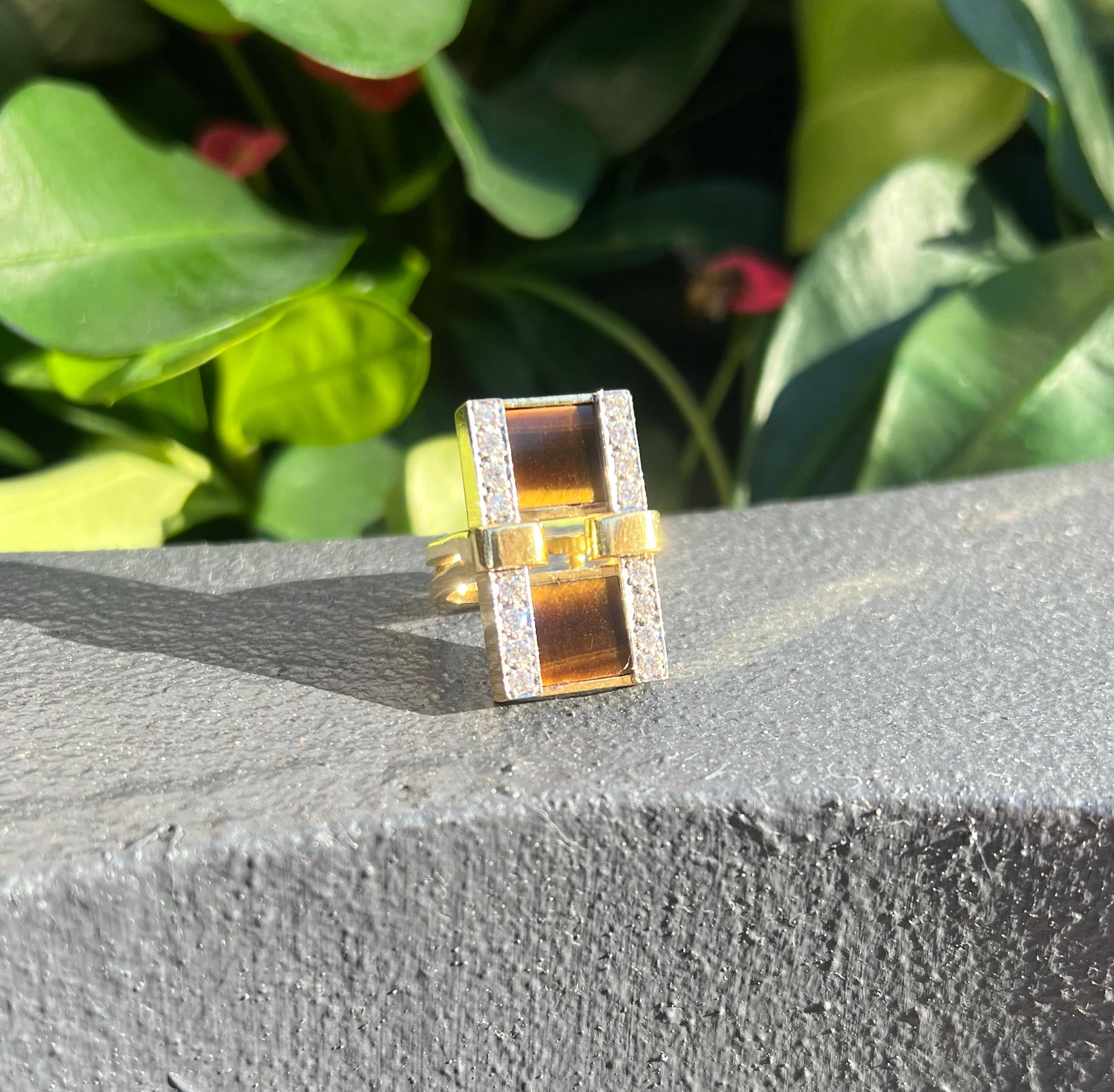 Retro Tigers Eye and Diamond 18k and Platinum Cocktail Ring at 1stDibs