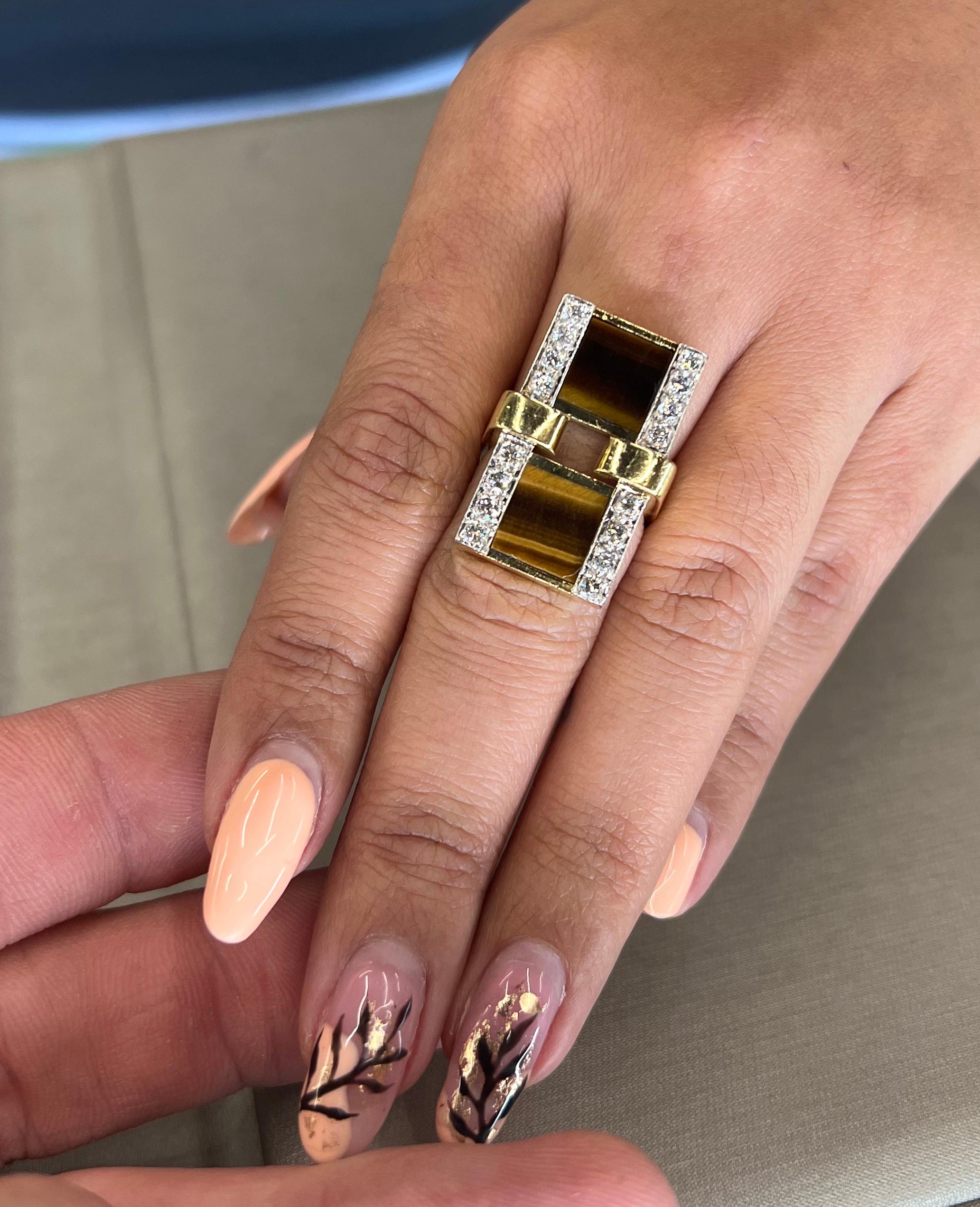 Retro Tigers Eye and Diamond 18k and Platinum Cocktail Ring at 1stDibs