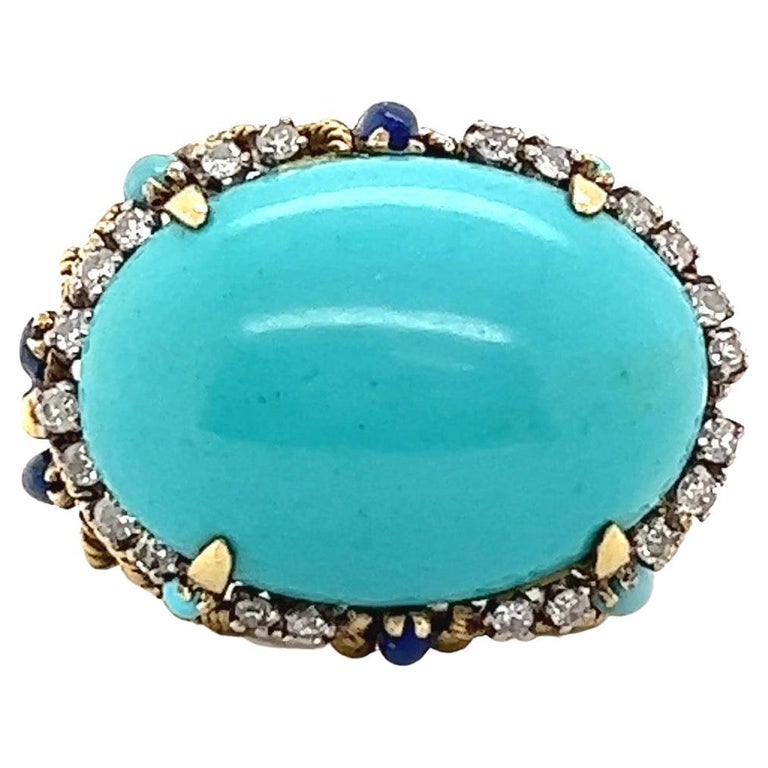 Retro Turquoise Diamond Lapis 18k Gold Statement Ring at 1stDibs