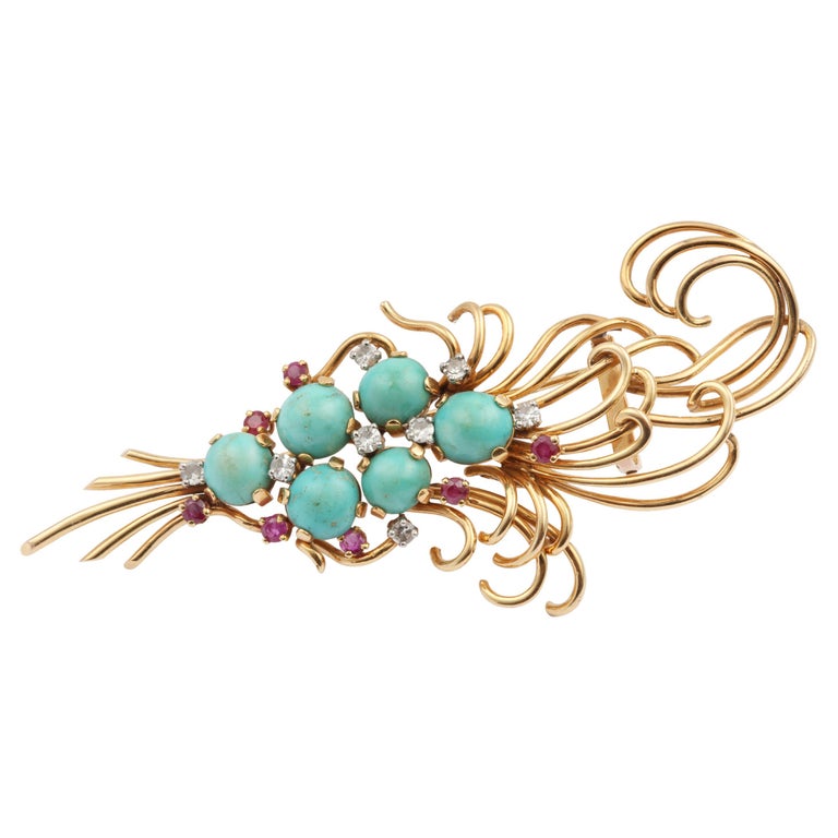 Retro Turquoise Ruby Diamonds 18 Carat Yellow Gold Plant Brooch For ...
