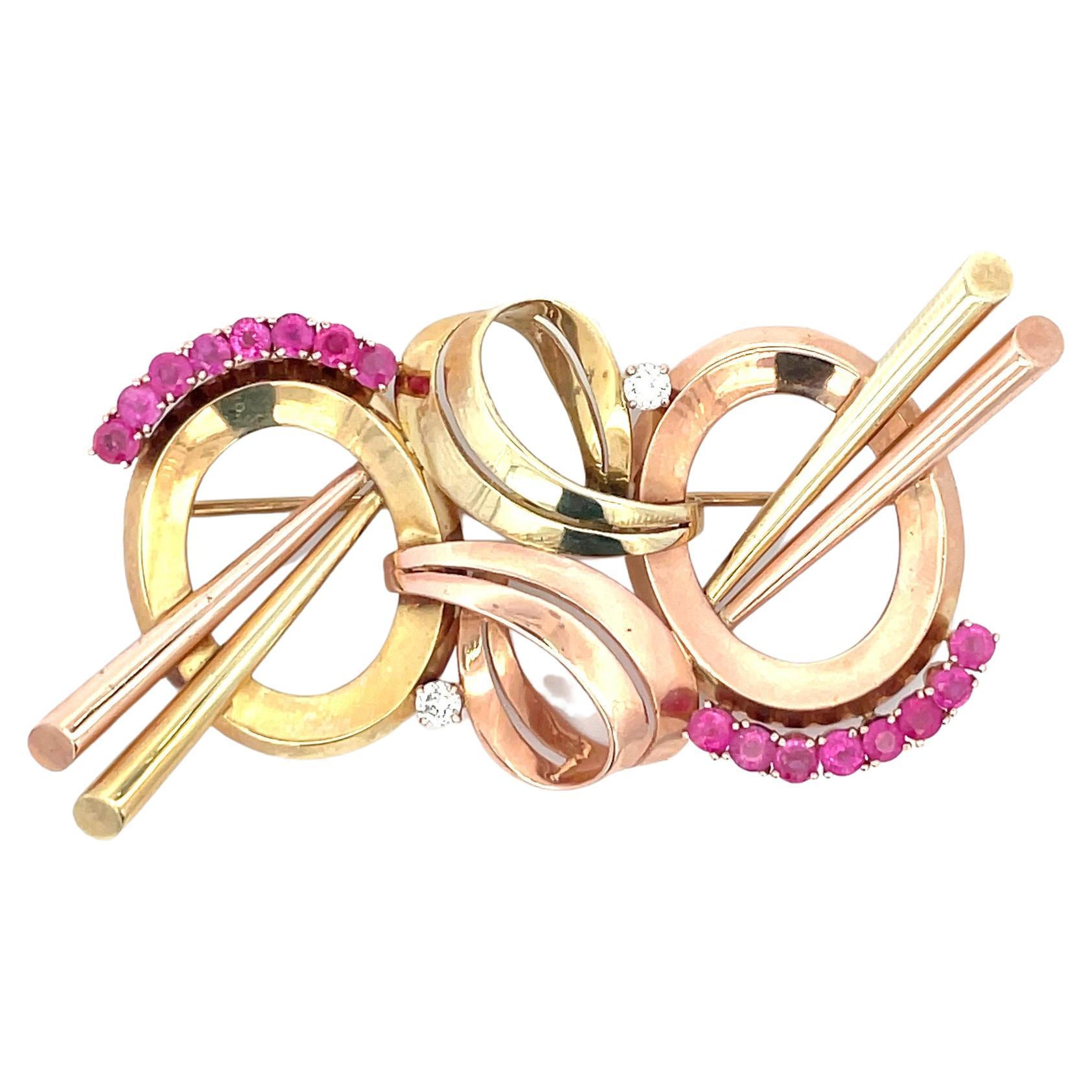 Retro Two Tone Diamond Pink Sapphire Brooch 3 Carats Karat Gold 22.5 Grams For Sale at 1stDibs