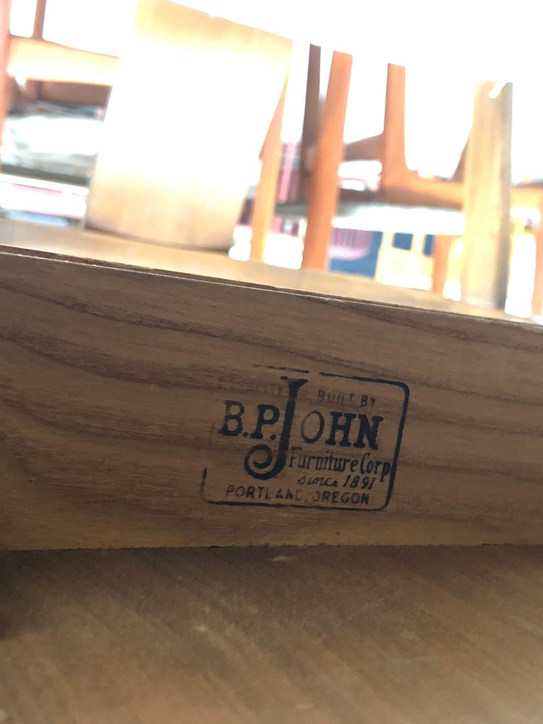 Round Walnut B.P. John Midcentury Dining Set with Reupholstered Chairs ...