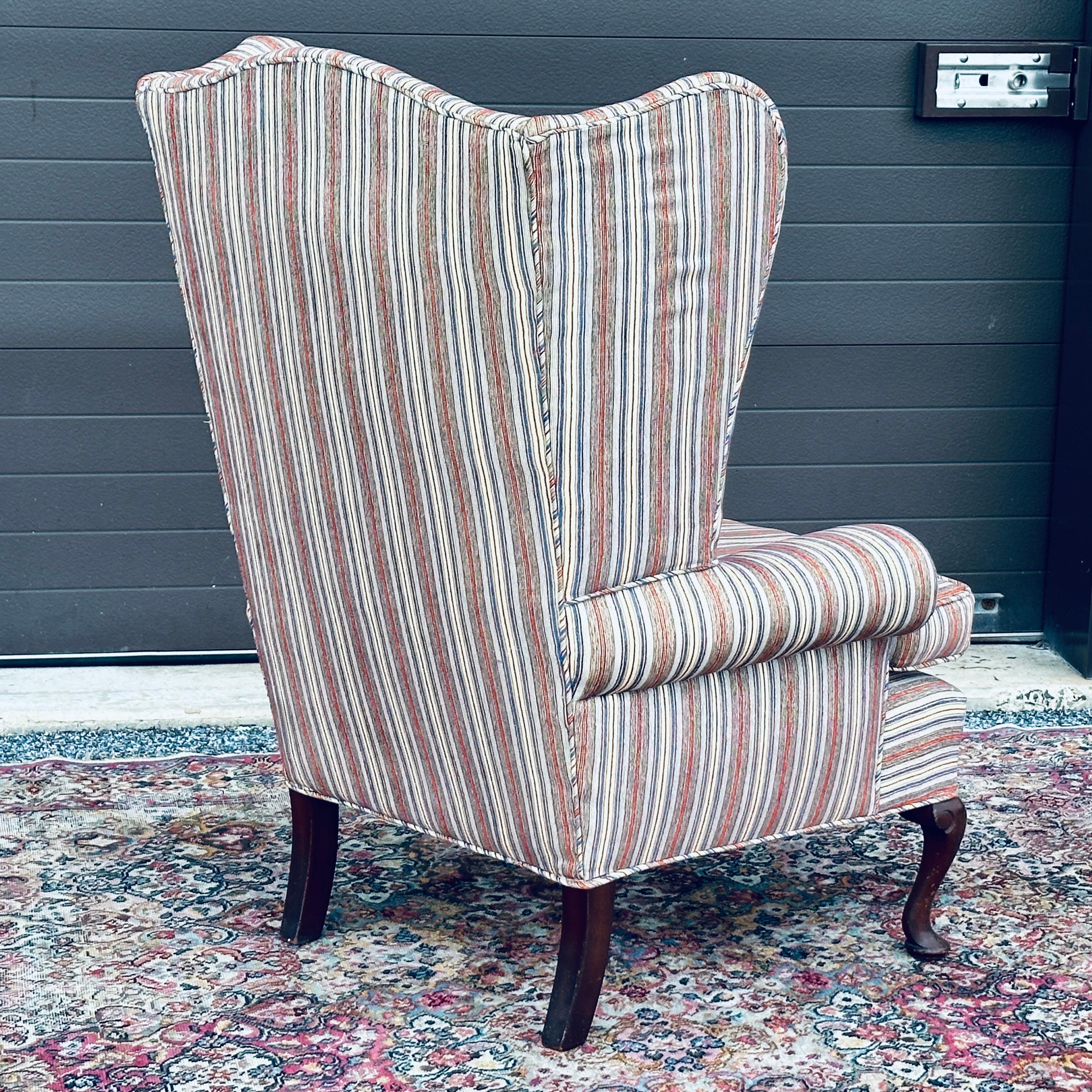 Reupholstered Striped Wing Chair With Feather Cushion For Sale at 1stDibs