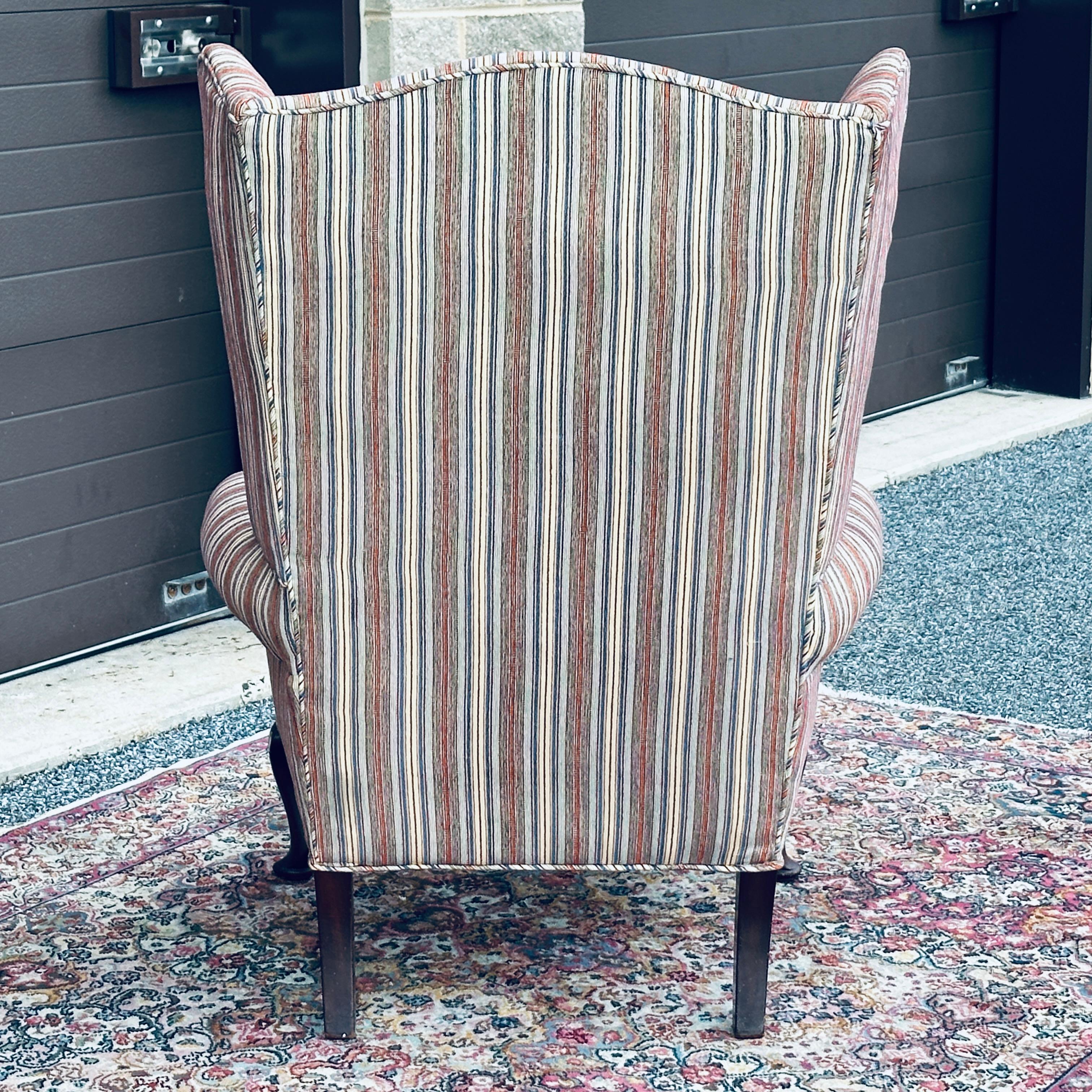 Reupholstered Striped Wing Chair With Feather Cushion For Sale at 1stDibs