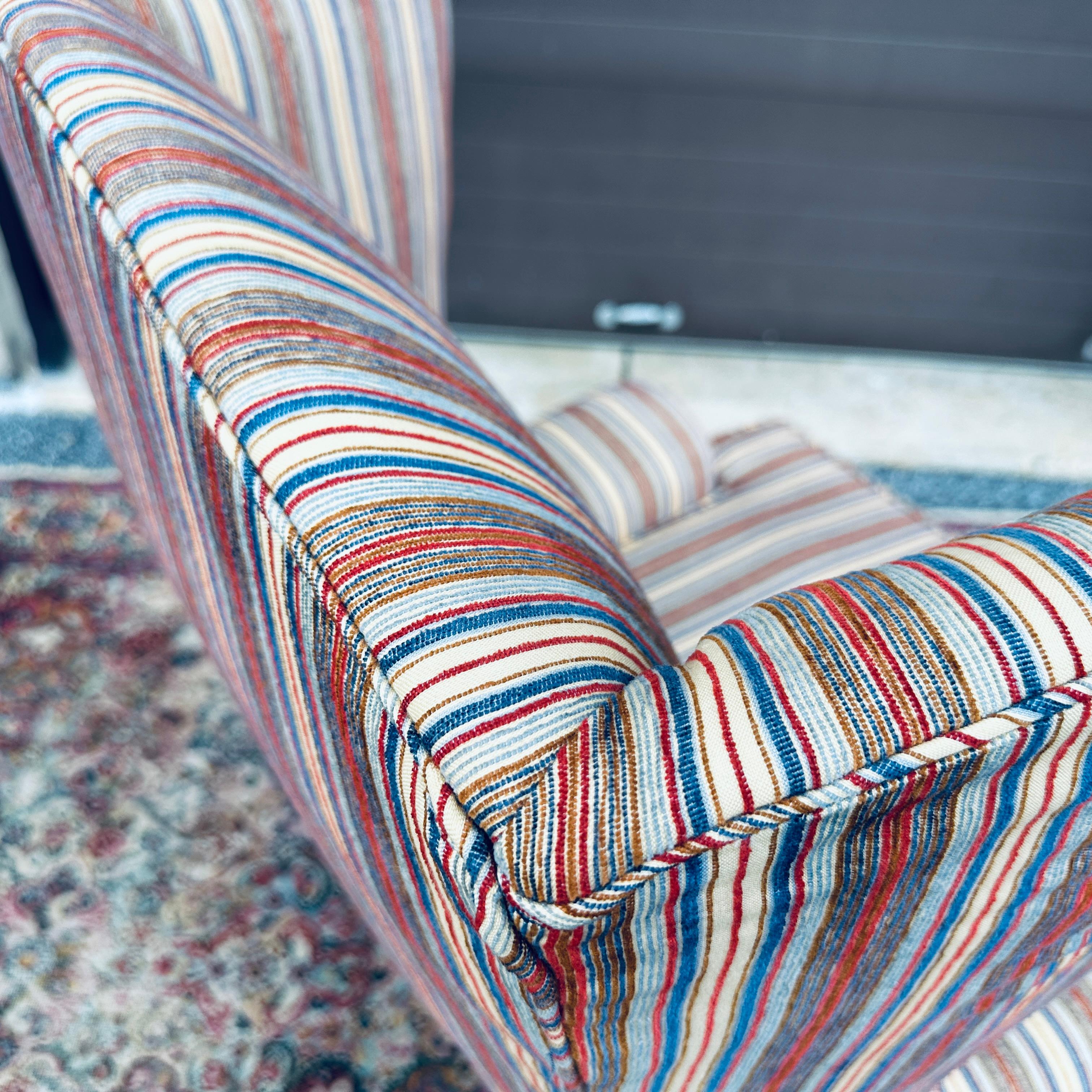 Reupholstered Striped Wing Chair With Feather Cushion For Sale at 1stDibs