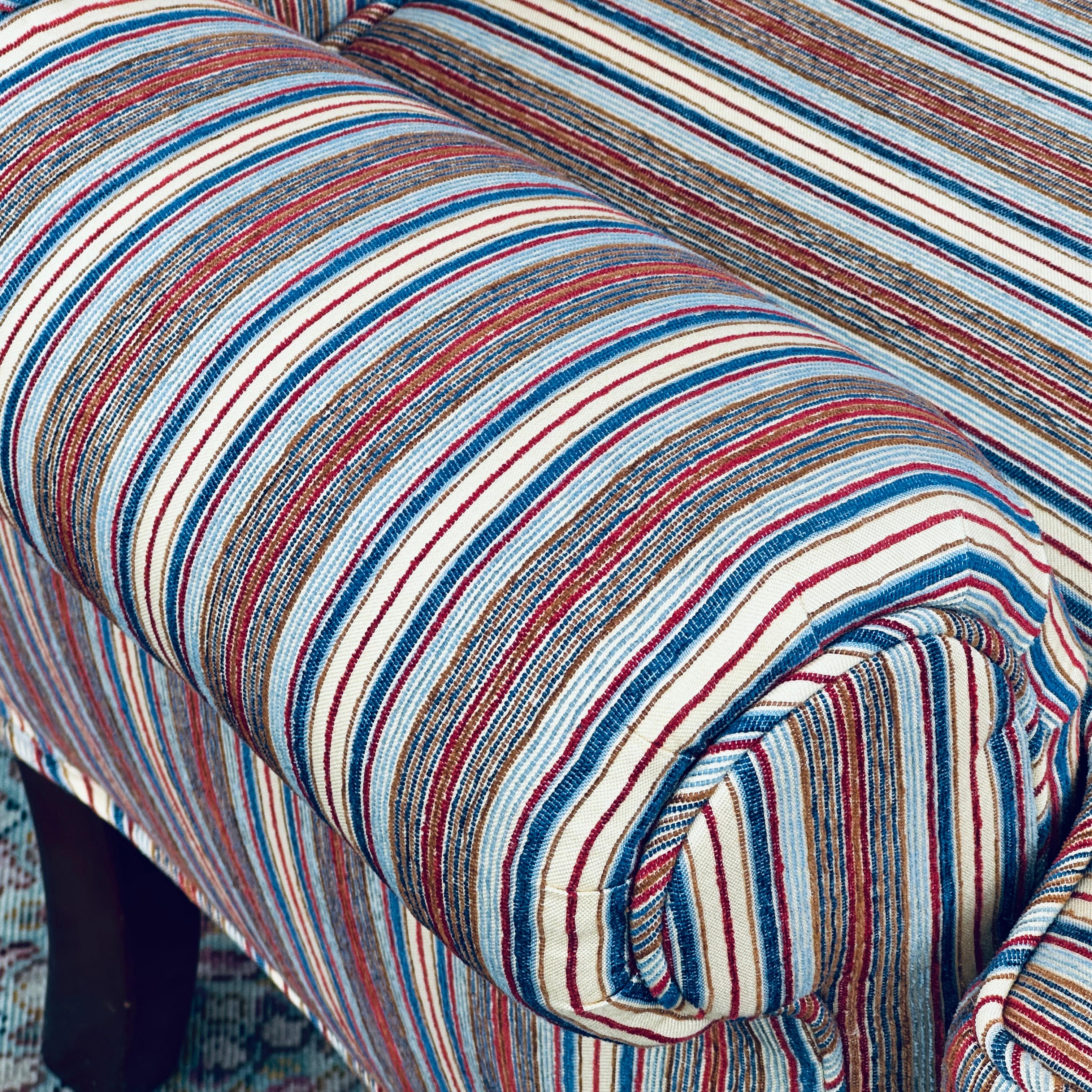 Reupholstered Striped Wing Chair With Feather Cushion For Sale at 1stDibs