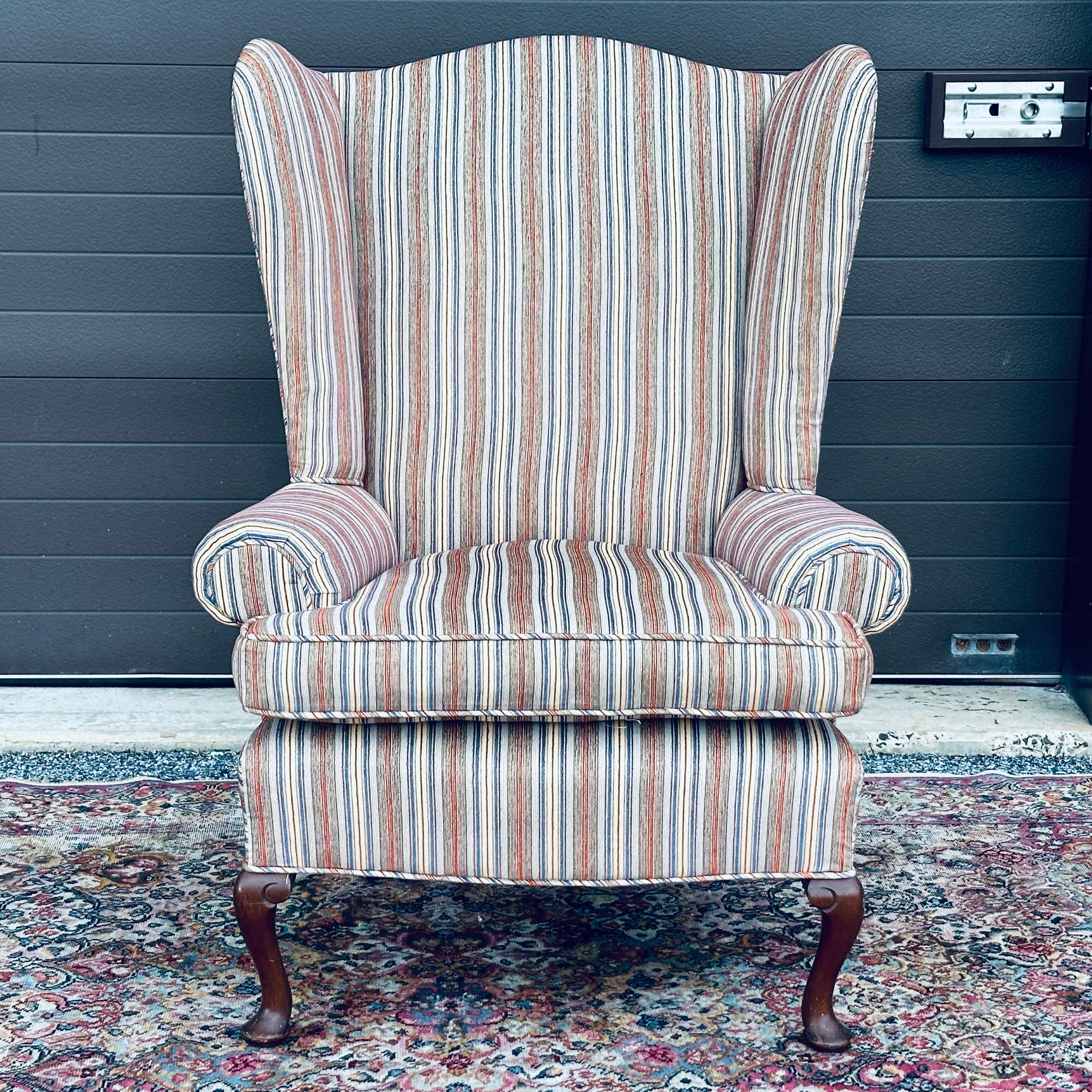 Reupholstered Striped Wing Chair With Feather Cushion For Sale at 1stDibs