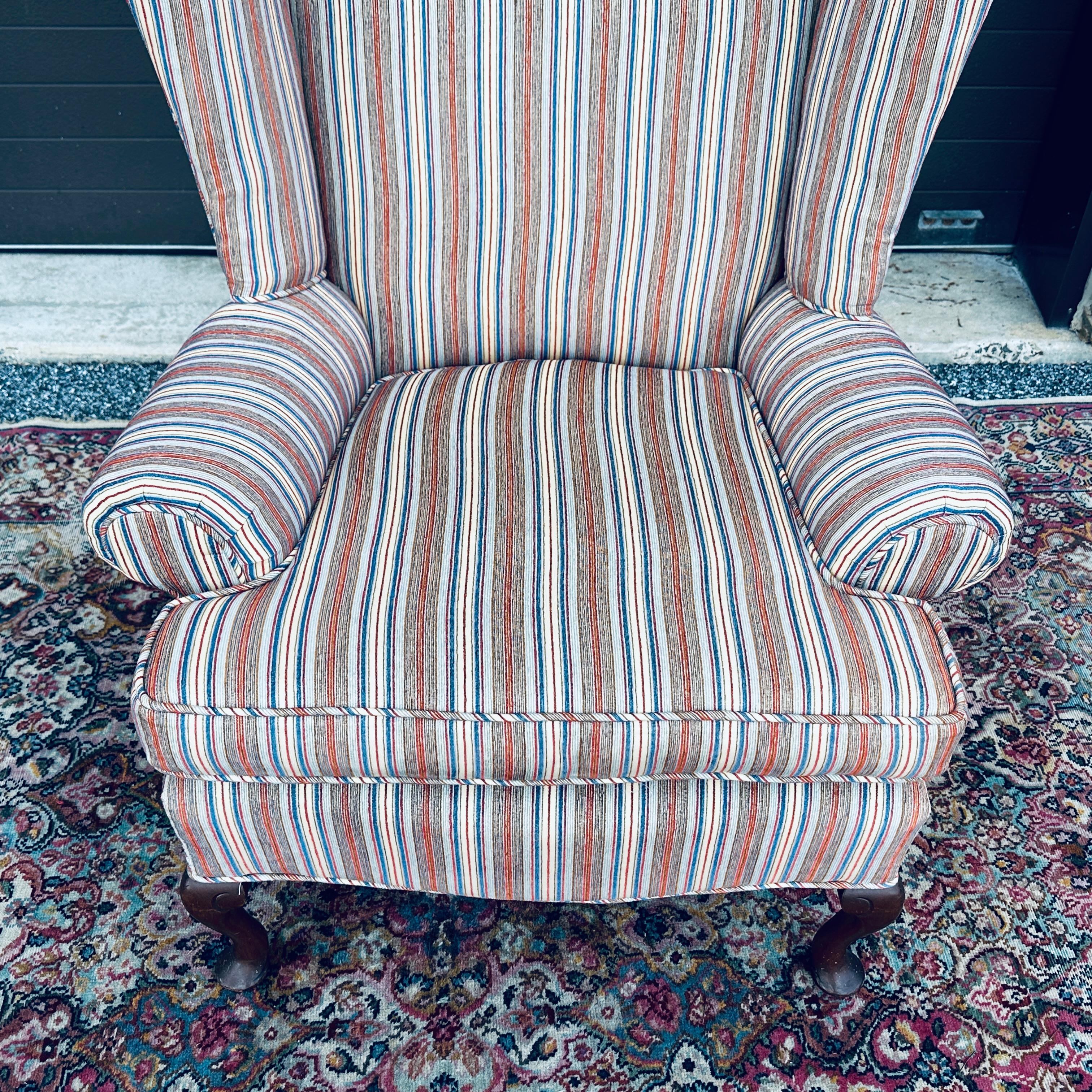 Reupholstered Striped Wing Chair With Feather Cushion For Sale at 1stDibs