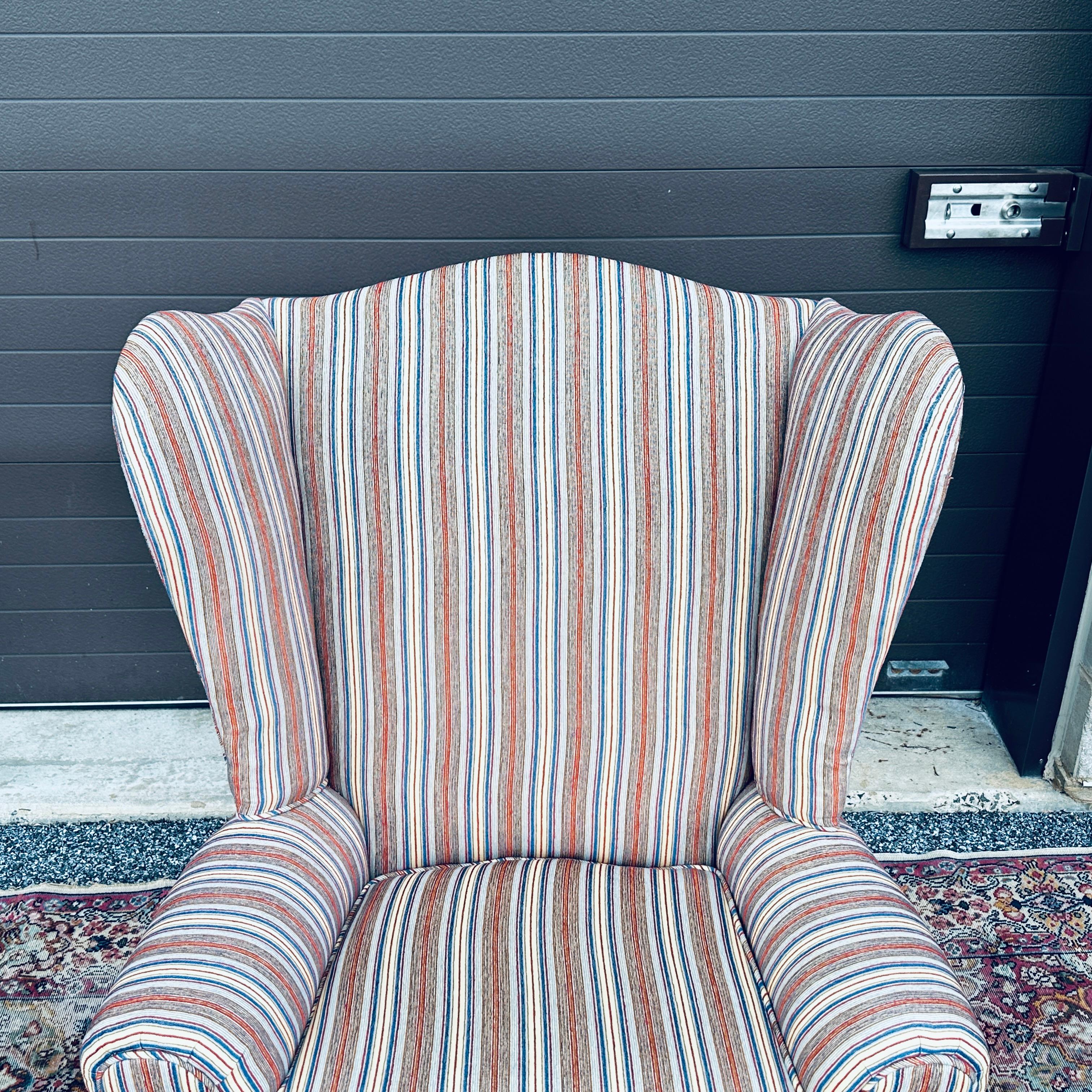 Reupholstered Striped Wing Chair With Feather Cushion For Sale at 1stDibs