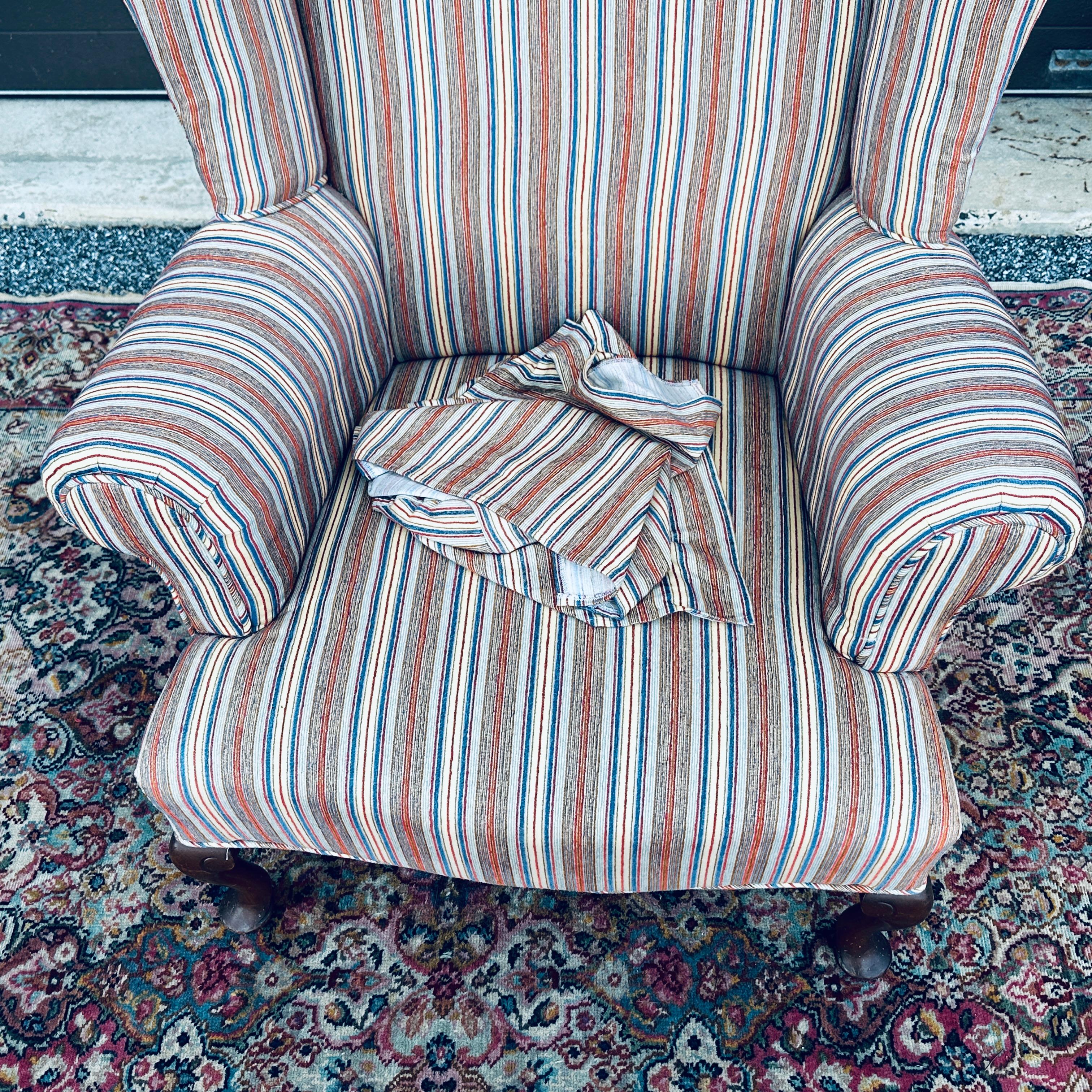 Reupholstered Striped Wing Chair With Feather Cushion For Sale at 1stDibs
