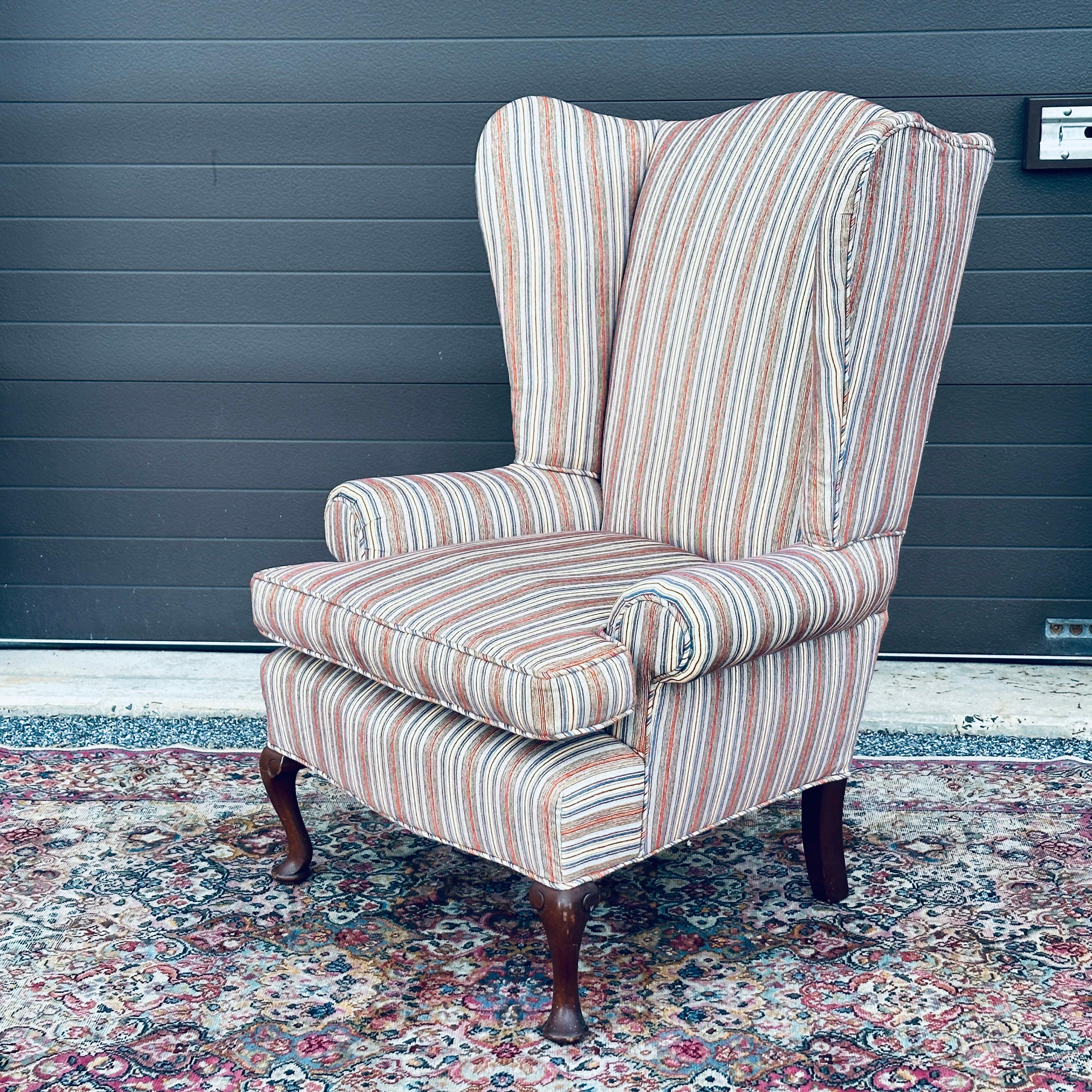 Reupholstered Striped Wing Chair With Feather Cushion For Sale at 1stDibs