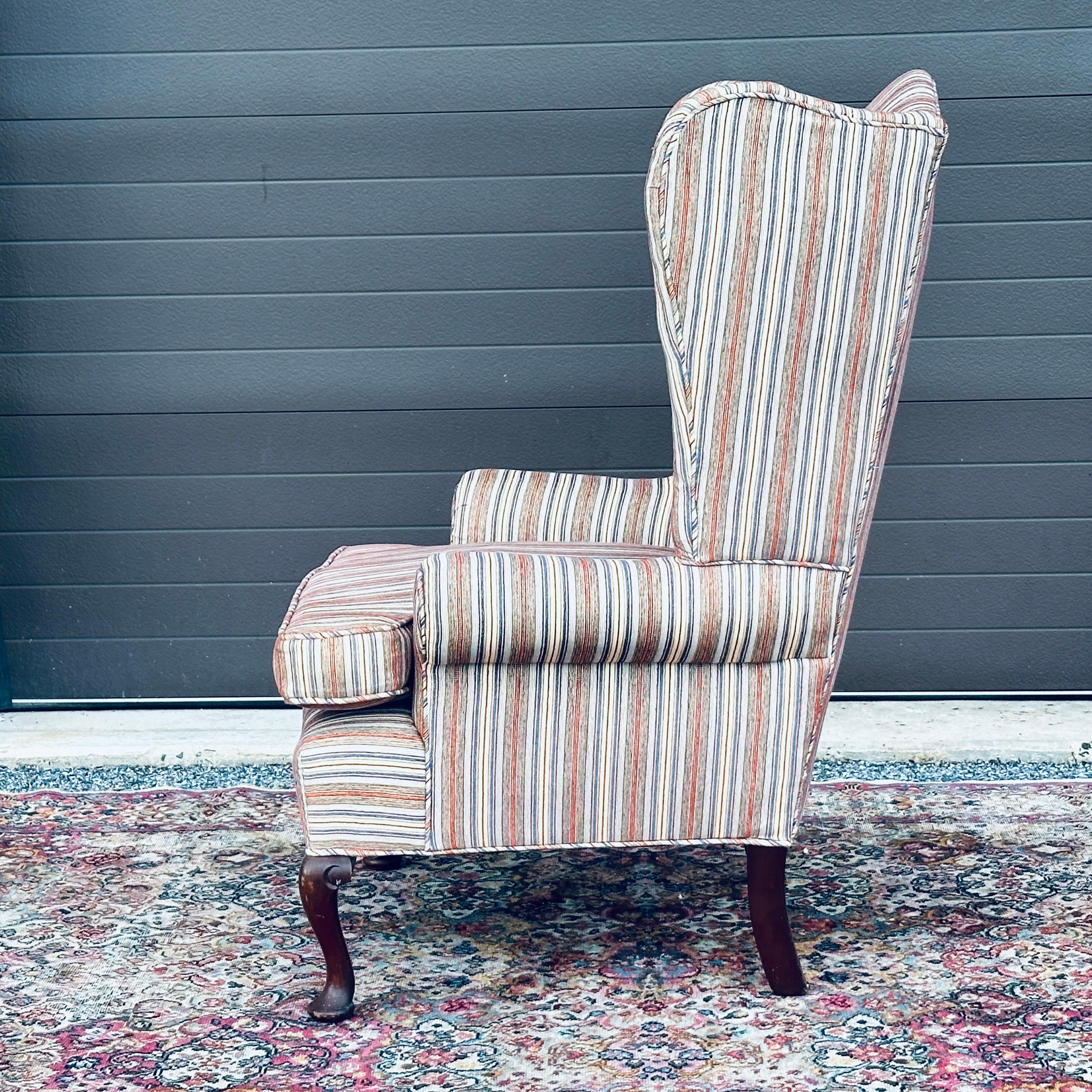 Reupholstered Striped Wing Chair With Feather Cushion For Sale at 1stDibs