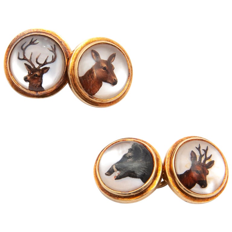 Hunting Reverse Intaglio 18K Gold Crystal Cufflinks at 1stDibs