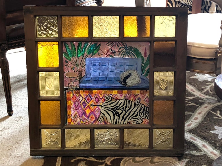 Reverse Painting on Glass Window with Stained Glass at 1stDibs