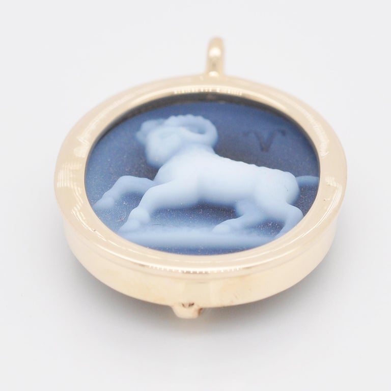 Reversible Aries Carving Cameo Zodiac Diamond 14 Karat Gold Pendant ...