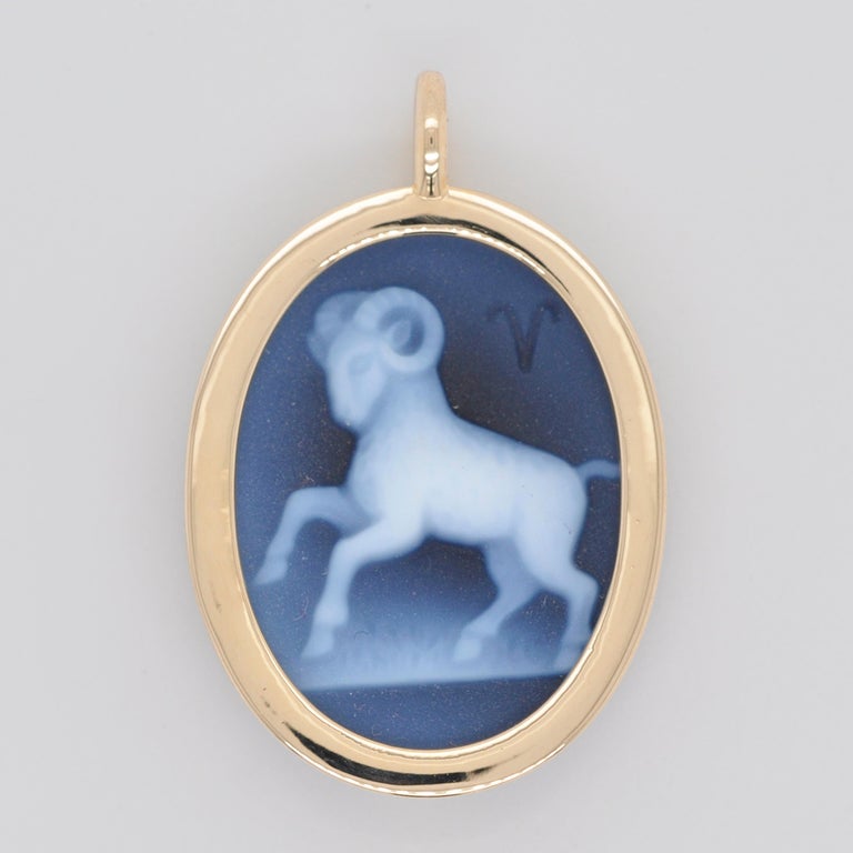 Reversible Aries Carving Cameo Zodiac Diamond 14 Karat Gold Pendant ...