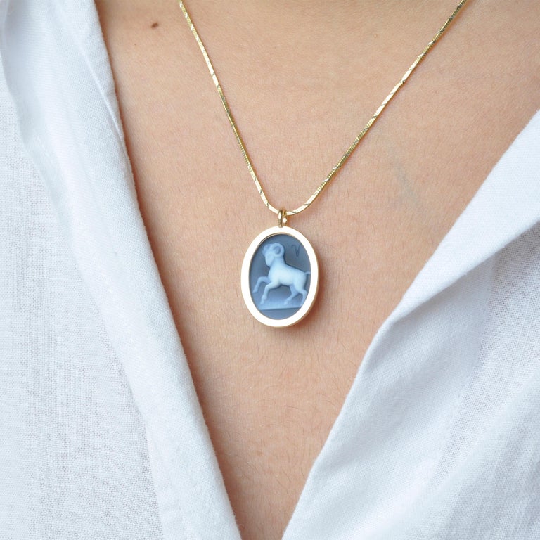 Reversible Aries Carving Cameo Zodiac Diamond 14 Karat Gold Pendant ...