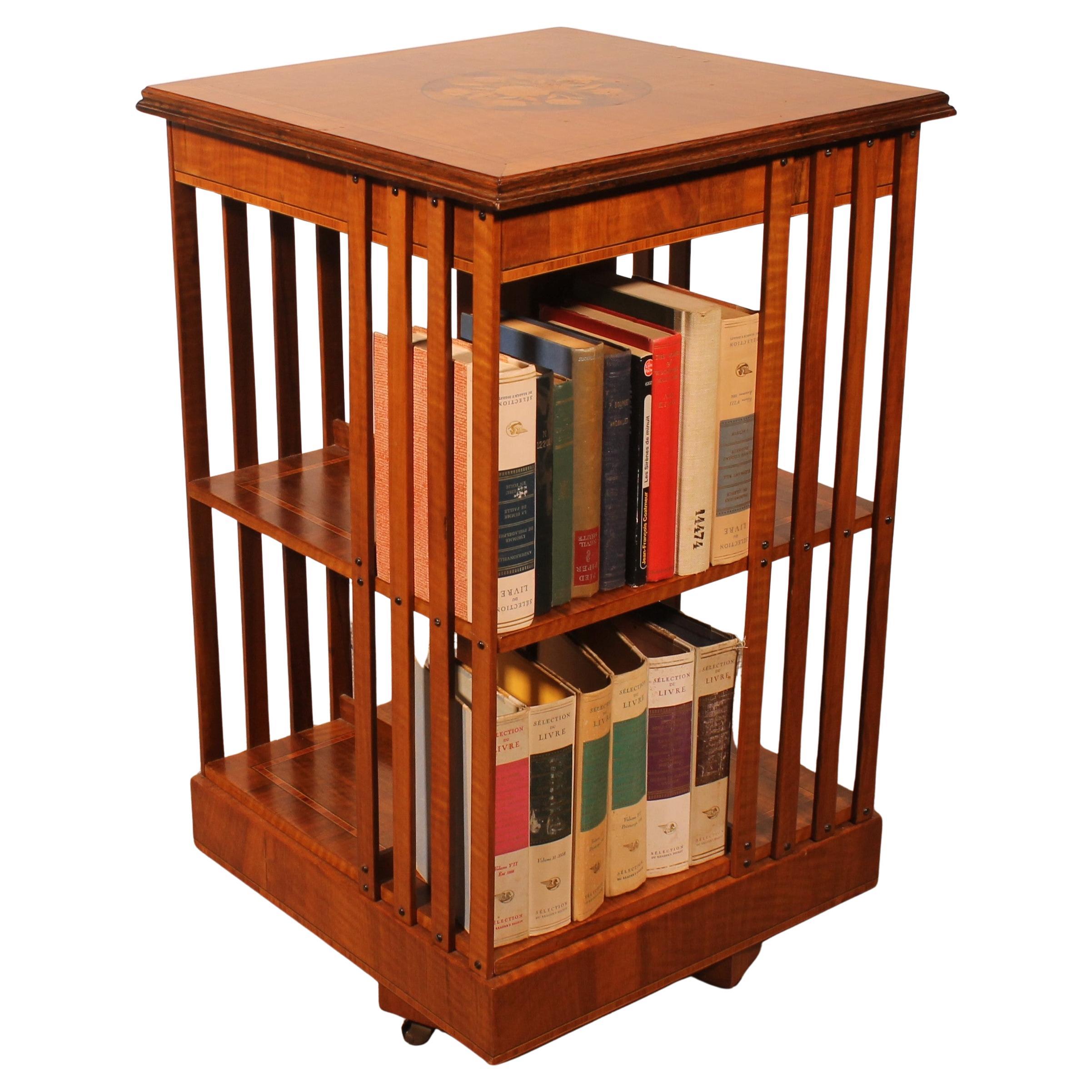 Revolving Bookcase In Satin Wood And Marquetry For Sale at 1stDibs