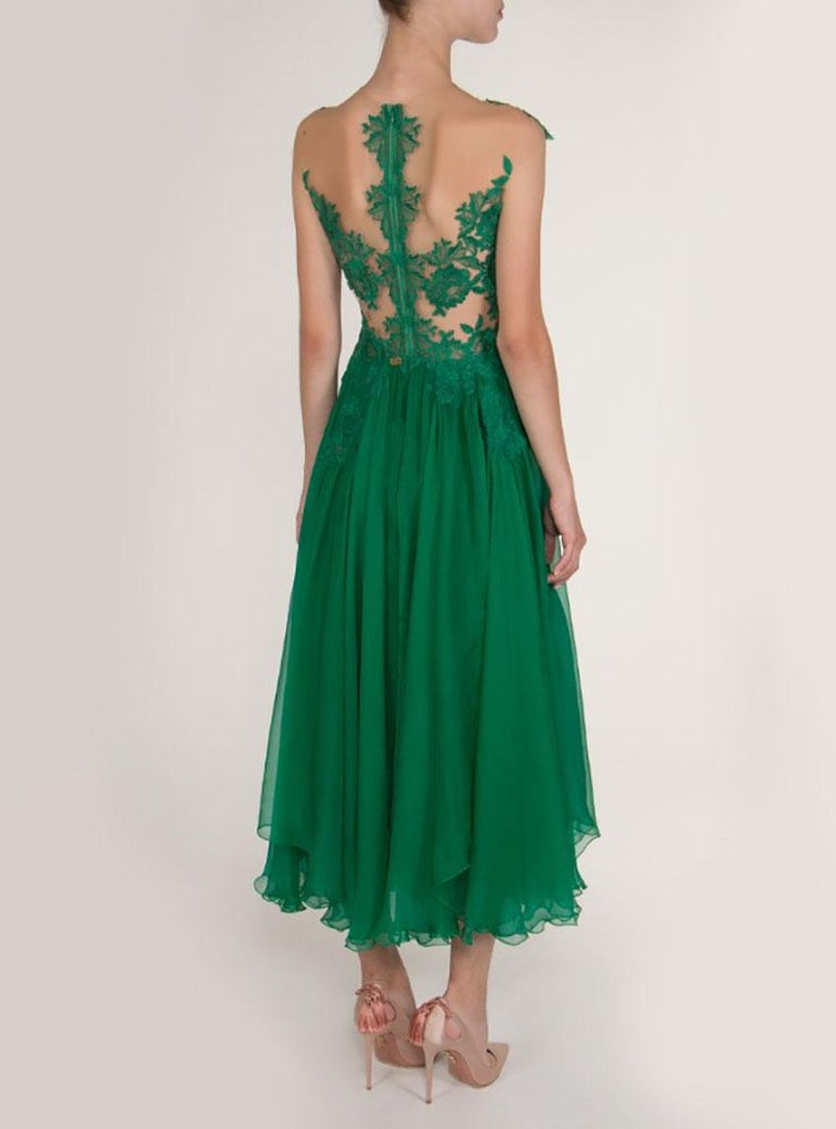RHEA COSTA GREEN SILK DRESS WITH LACE Sz IT 40 - US 4 For Sale at 1stDibs