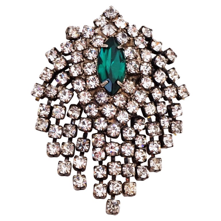 Rhinestone Waterfall Cocktail Brooch With Emerald Marquise Crystal ...