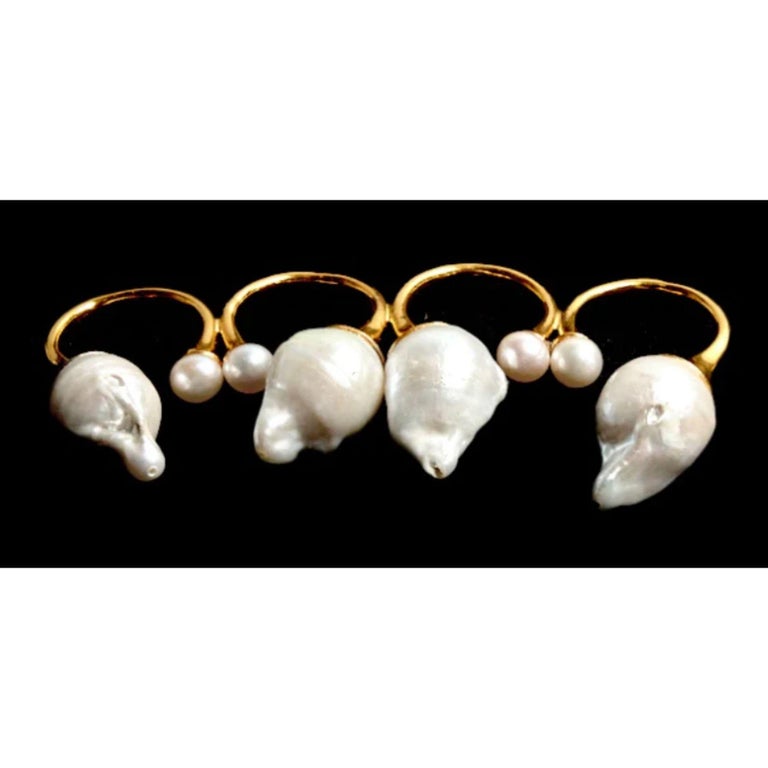 Rhodium Baroque Pearl 4 Finger Ring For Sale at 1stDibs