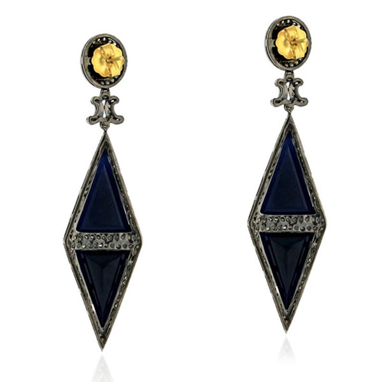 Rhombus Shaped Blue Sapphire Earrings with Pave Diamonds in 18k Gold ...