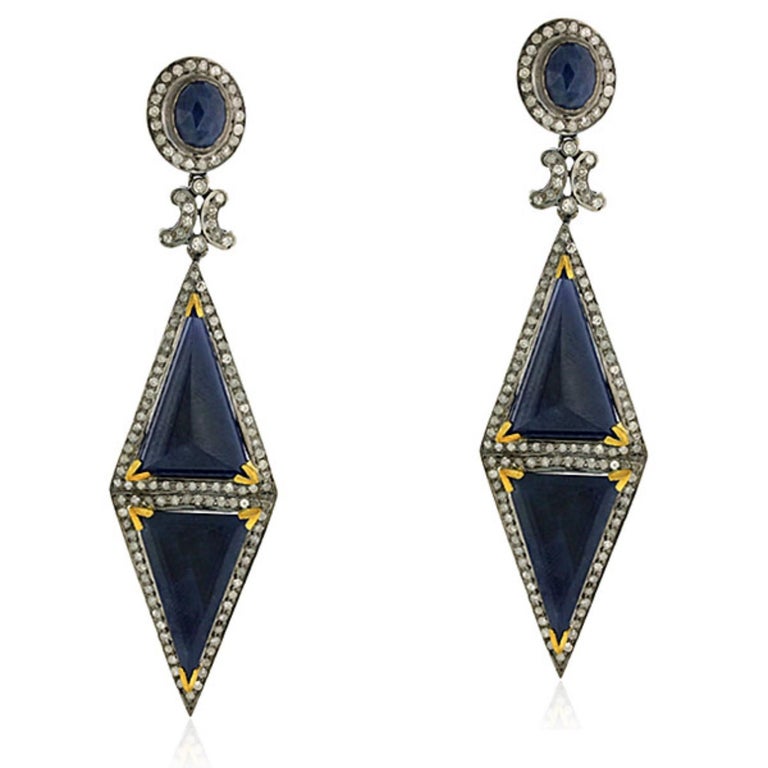 Rhombus Shaped Blue Sapphire Earrings with Pave Diamonds in 18k Gold ...