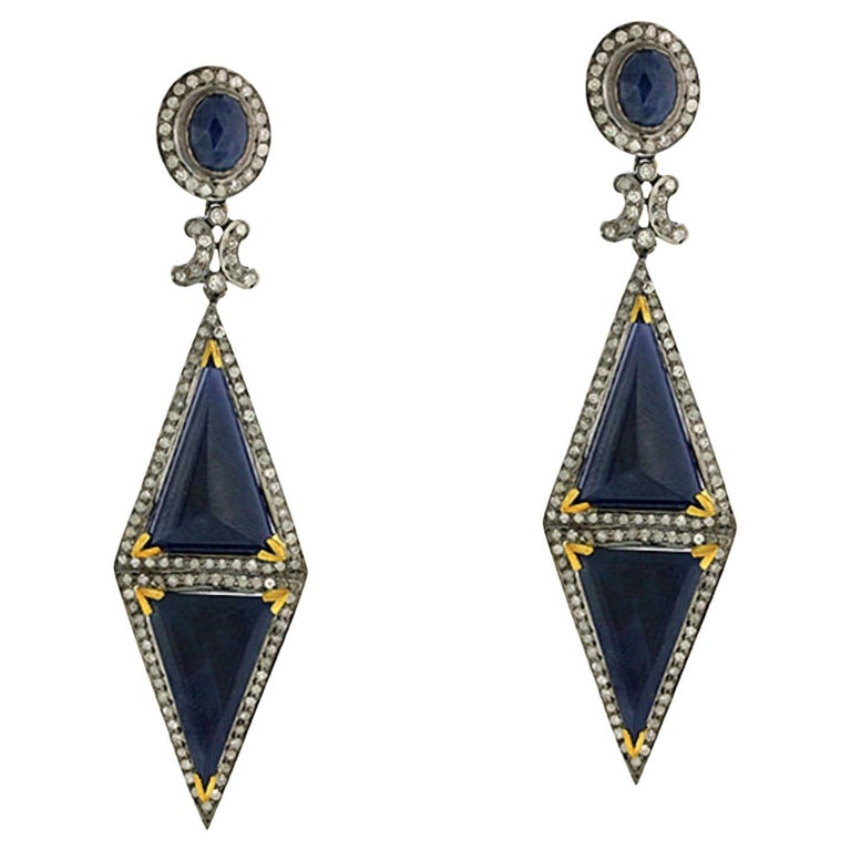 Rhombus Shaped Blue Sapphire Earrings with Pave Diamonds in 18k Gold ...