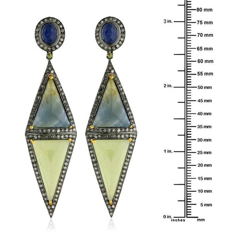 Rhombus Shaped Multi Sapphire Dangle Earrings with Diamonds in 18k ...