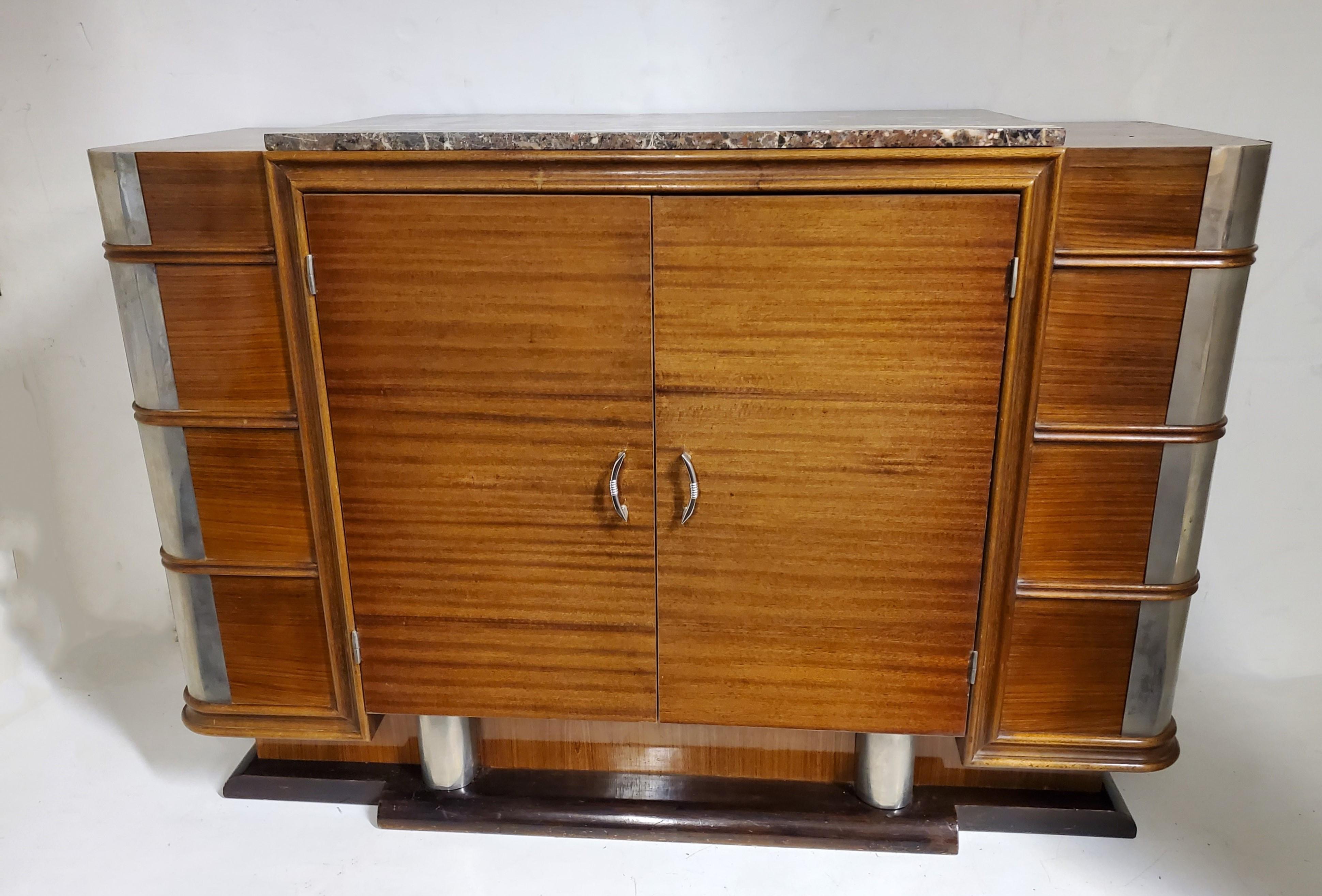 Ribbon stripe mahogany French Art Deco cabinet w/ nickel mounts For ...