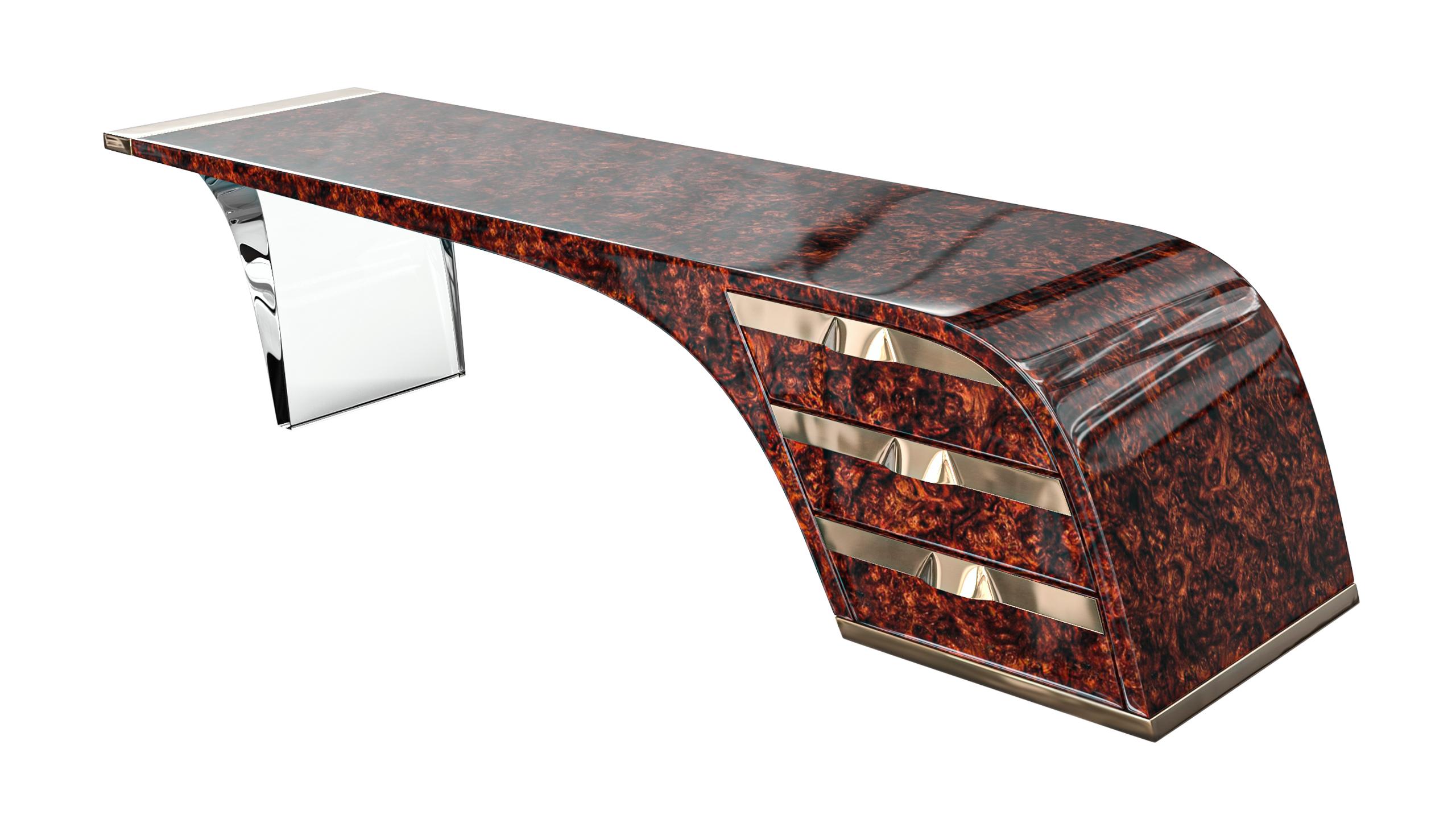 "Riccio / S" Hand Crafted Desk with Burl Walnut and Bronze Details ...
