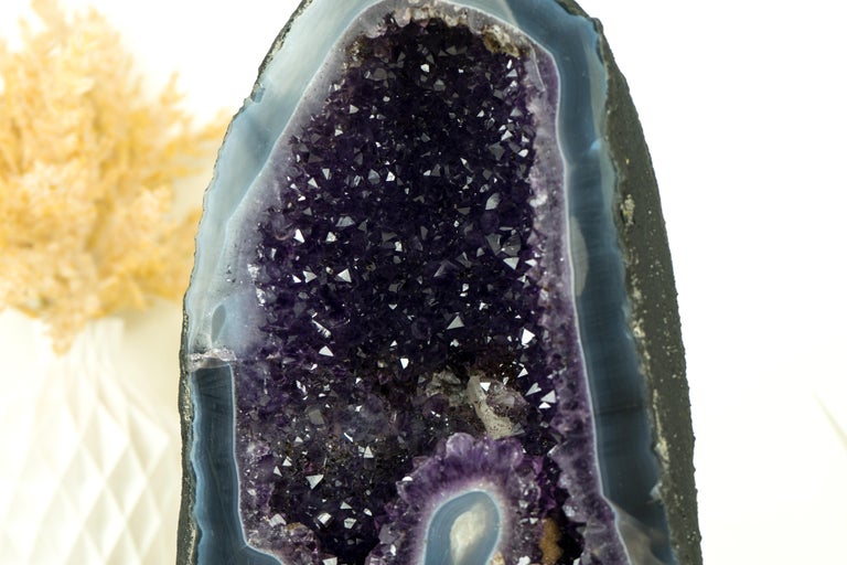Rich and Deep Purple Amethyst Geode with White Lace Agate, Natural Sculpture For Sale at 1stDibs
