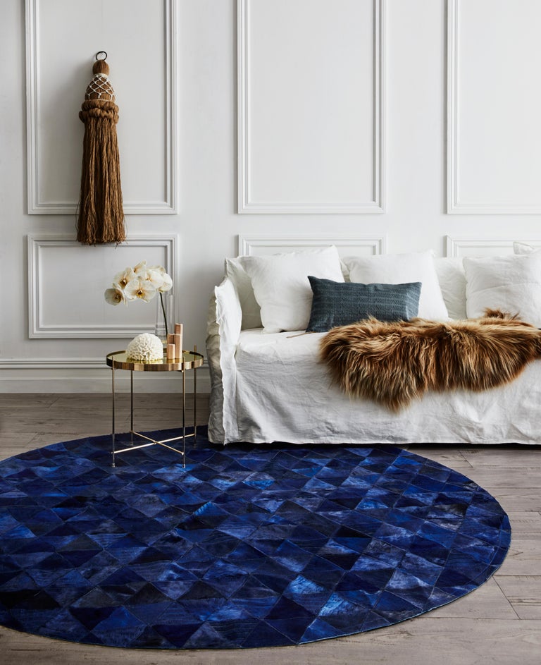 Rich Color Blocked Round Trilogia Midnight Blue Cowhide Rug Small For ...