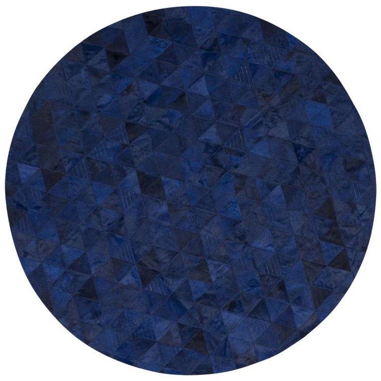 Rich Color Blocked Round Trilogia Midnight Blue Cowhide Rug Small For ...